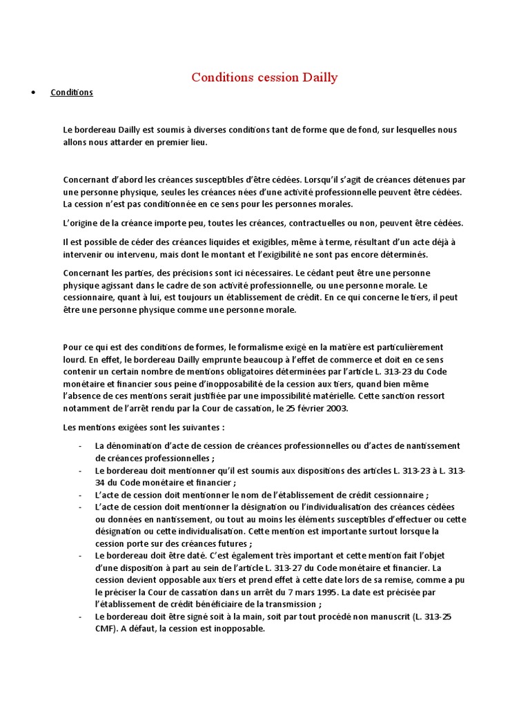 Conditions et Effets de la Cession Dailly | PDF