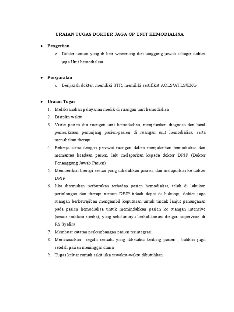 HD GP - Uraian Tugas Dokter Ruangan Unit Hemodialisa | PDF