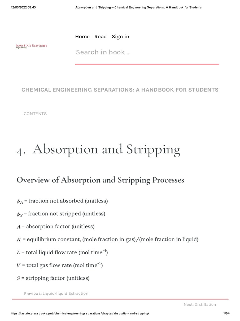 Absorption and Stripping - Chemical Engineering Separations - A Handbook For Students | PDF