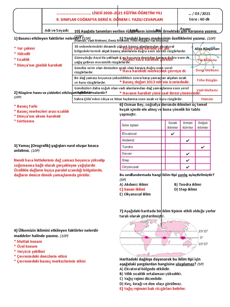 9 Sinif 2 Donem 1 Yazili Cevap Anahtari 2021 | PDF