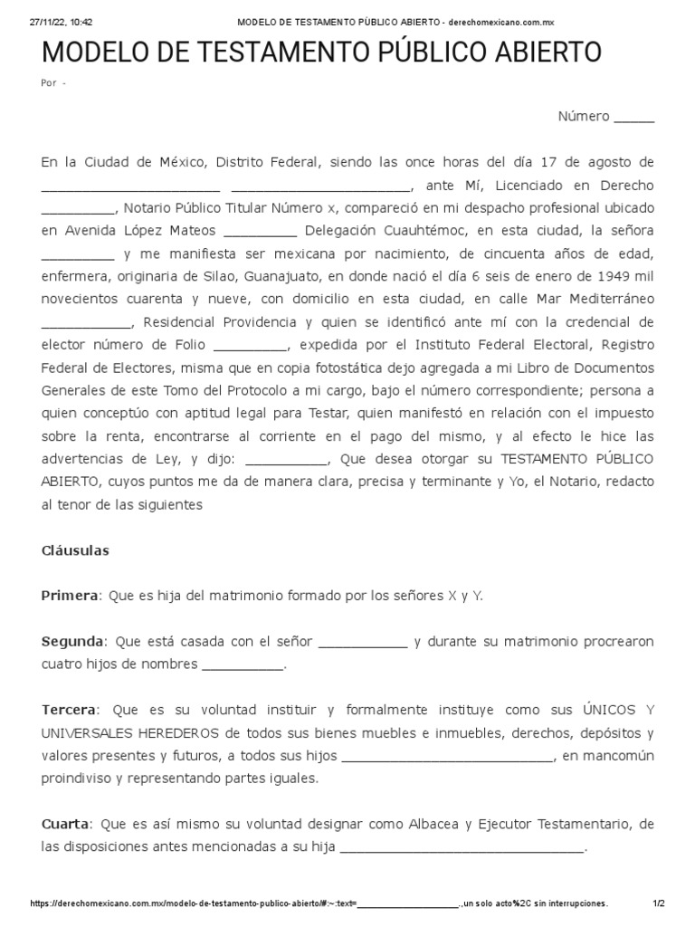 MODELO DE TESTAMENTO PÚBLICO ABIERTO - Derechomexicano - Com.mx | PDF