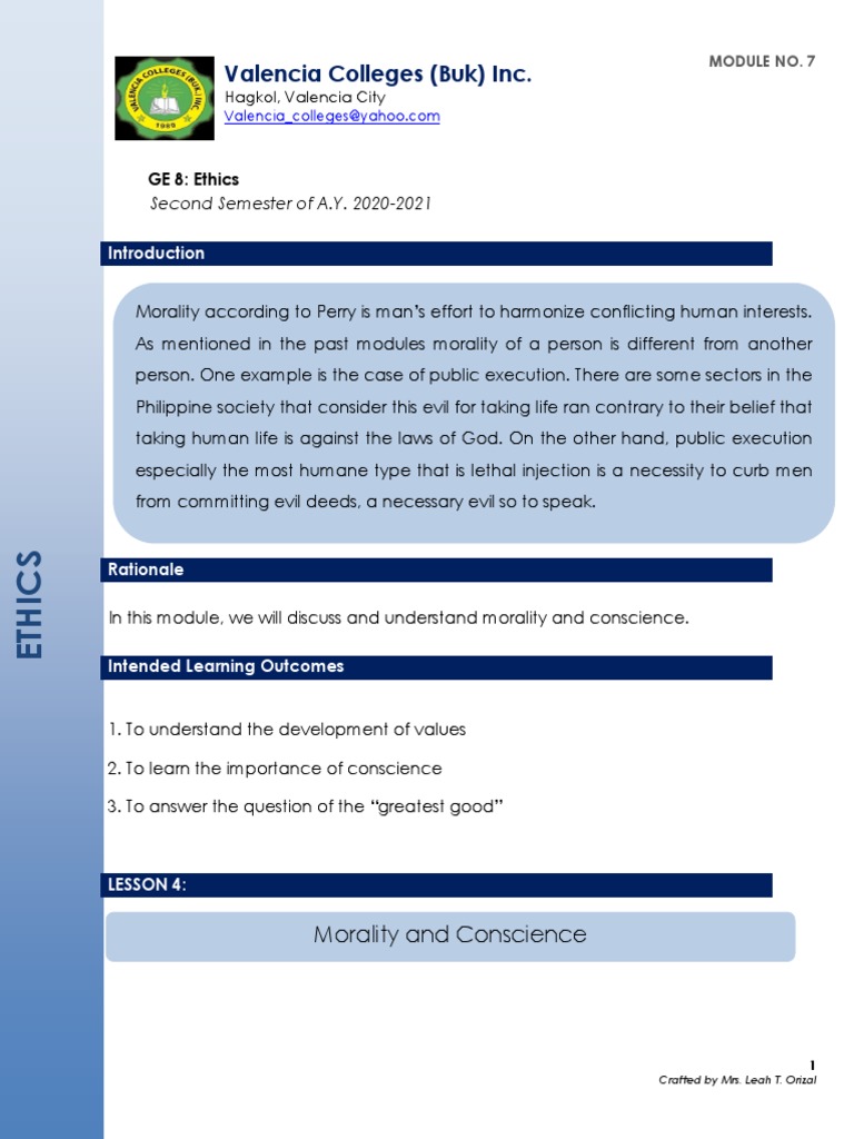 Ethics - Module 7 | PDF | Conscience | Good And Evil