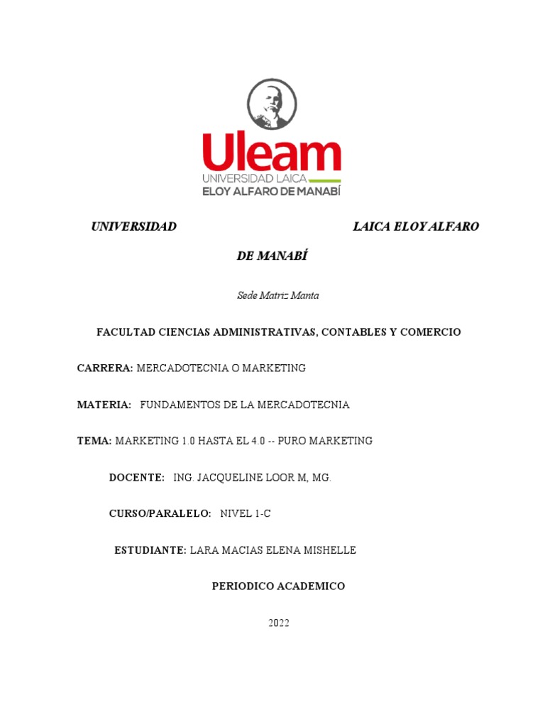 Marketing 1.0-4.0 Puro Marketing Uleam | PDF | Marketing | Producto (Negocio)