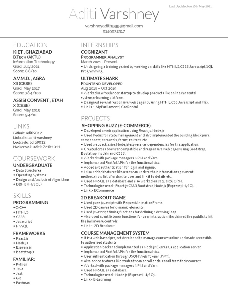 A Resume Showcasing Aditi Varshney's Education, Internships, Projects, Skills and More | PDF ...