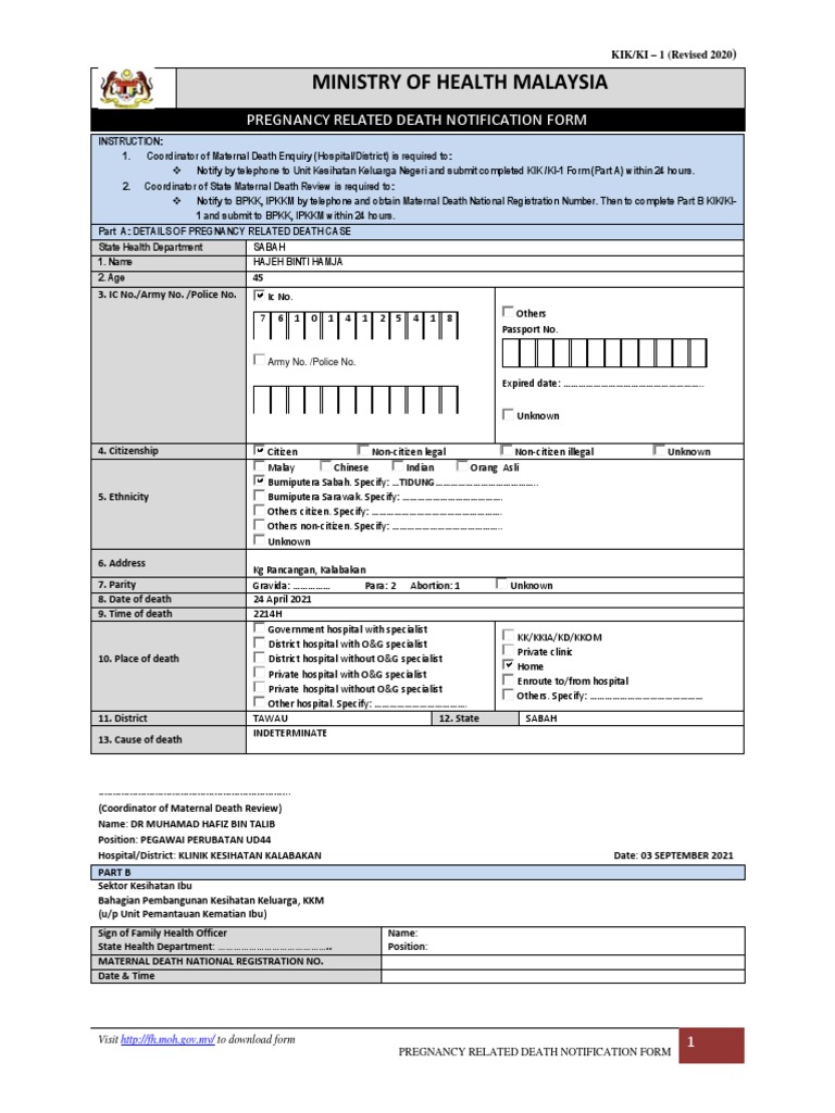 KIK KI-1 PREGNANCY RELATED DEATH NOTIFICATION FORM Revised 2020 | PDF ...