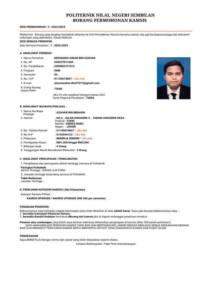 SPMP - Polinilai.edu - My Ukamsisv2 Cetakborangmohonkamsis11.Jsp | PDF