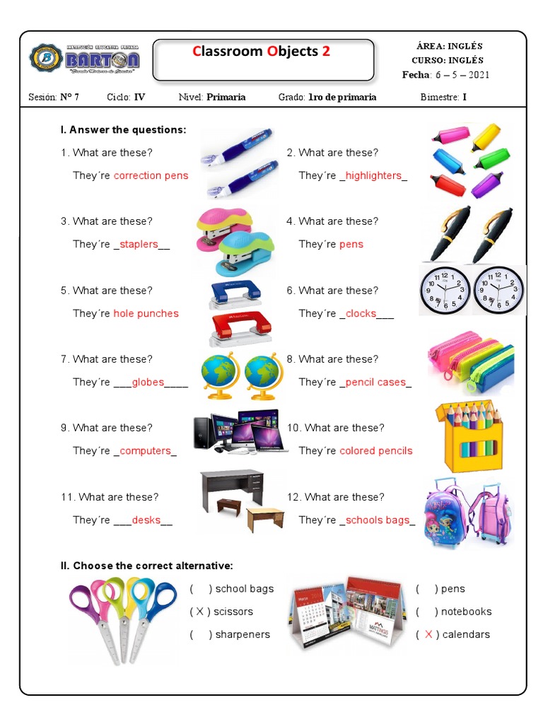 Exercise 7 Classroom Objects 2 1 Grade | PDF | Language Arts & Discipline