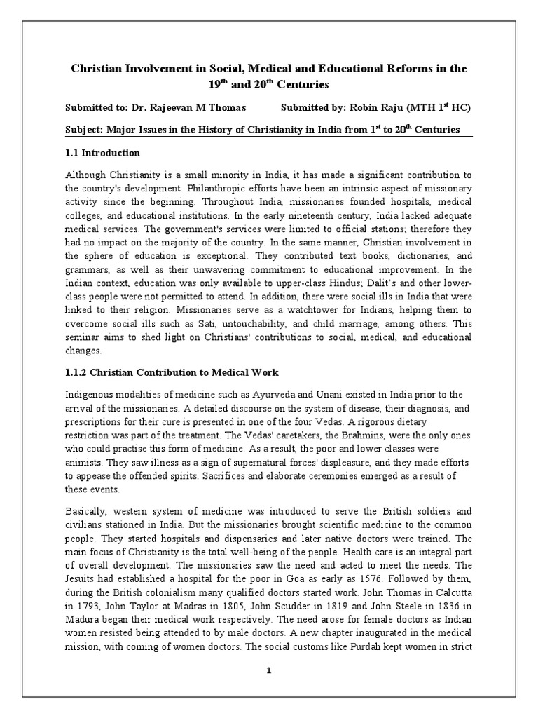 Christian Involvement in Social, Medical and Educational Reforms in The ...