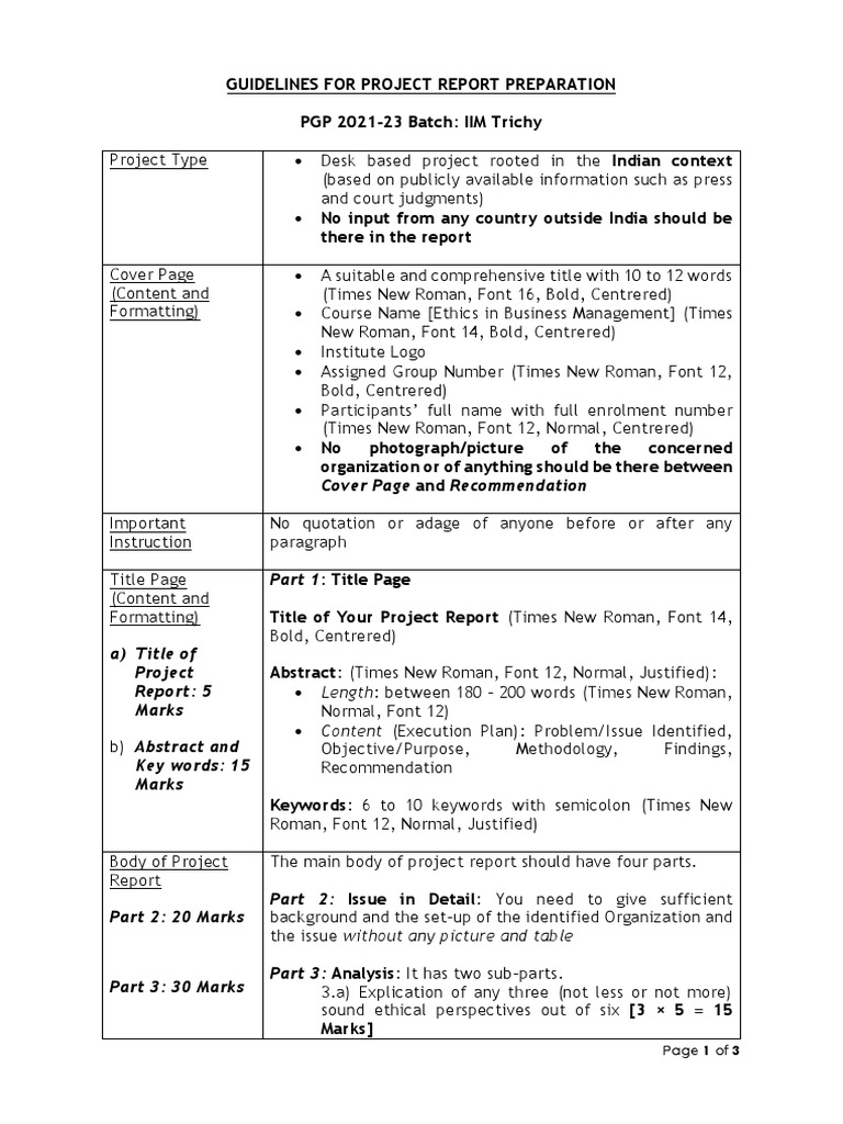 Guidelines For Project Report Preparation - PGP 2021-23 - IIM Trichy | PDF