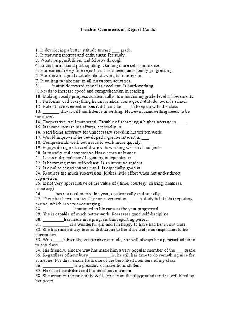Teacher Comments On Report Cards | PDF