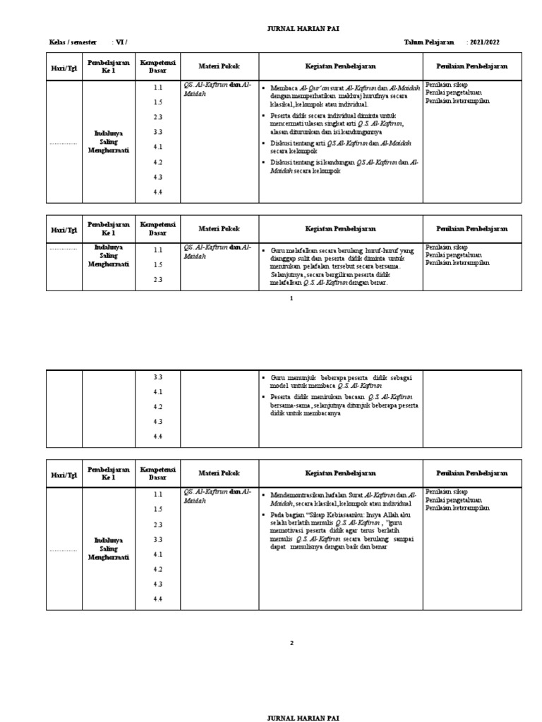 Jurnal Harian Kelas 6 Semester 1 2022 2023 Pdf