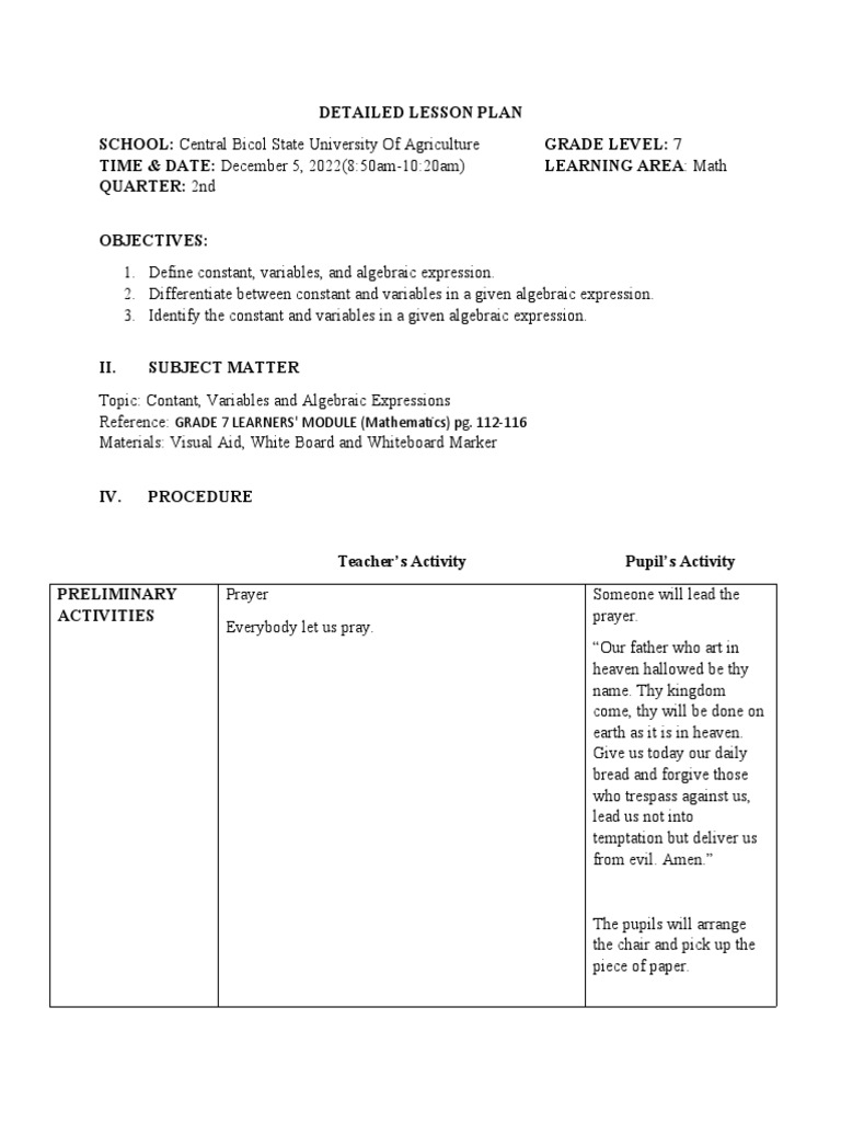 DETAILED LESSON PLAN Recovery | PDF | Variable (Mathematics) | Numbers