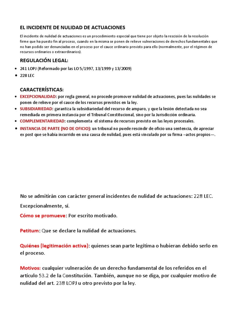 El Incidente de Nulidad de Actuaciones Esquema | PDF | Sentencia (ley) | Anulación