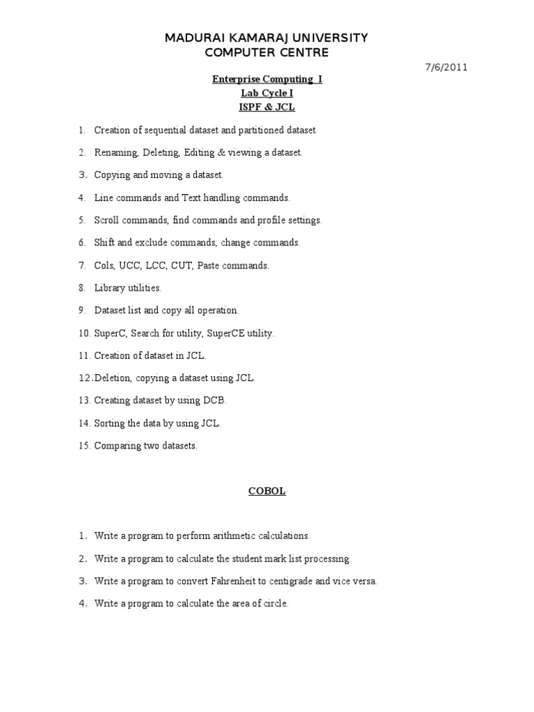 Madurai Kamaraj University Computer Centre: Enterprise Computing I Lab Cycle I Ispf & JCL | PDF