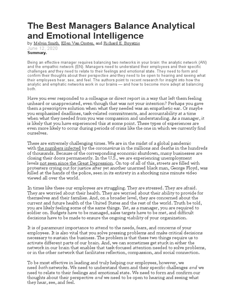 The Best Managers Balance Analytical and Emotional Intelligence | PDF ...