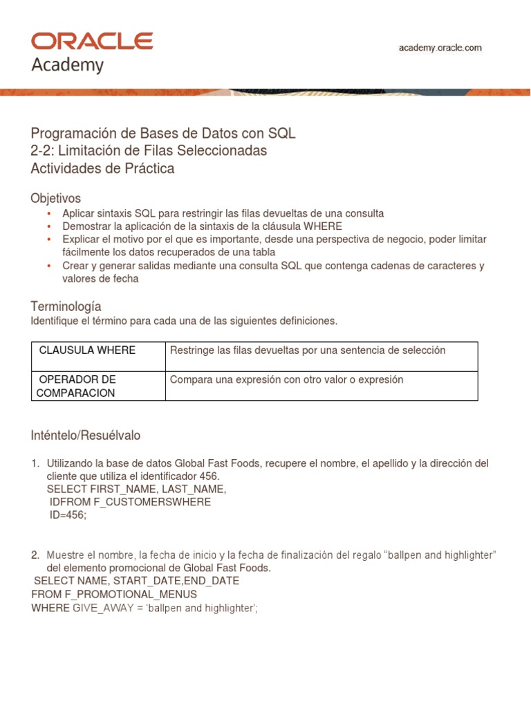 Programación de Bases de Datos Con SQL 2-2: Limitación de Filas Seleccionadas Actividades de ...