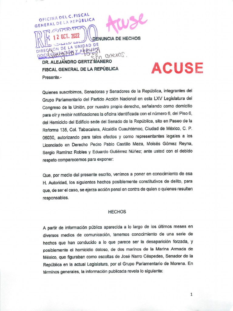 Acuse Denuncia de Hechos FGR h1 | PDF