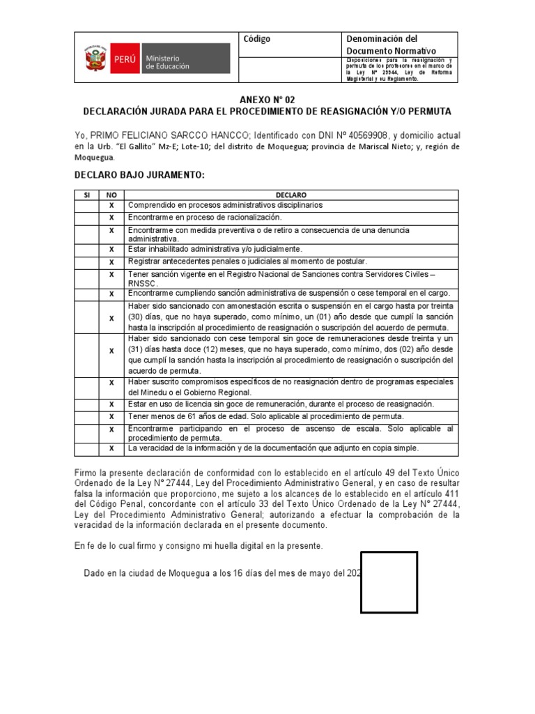 Anexo-02-Declaracion-Jurada-Para-Reasignacion | PDF | Justicia | Crimen y violencia