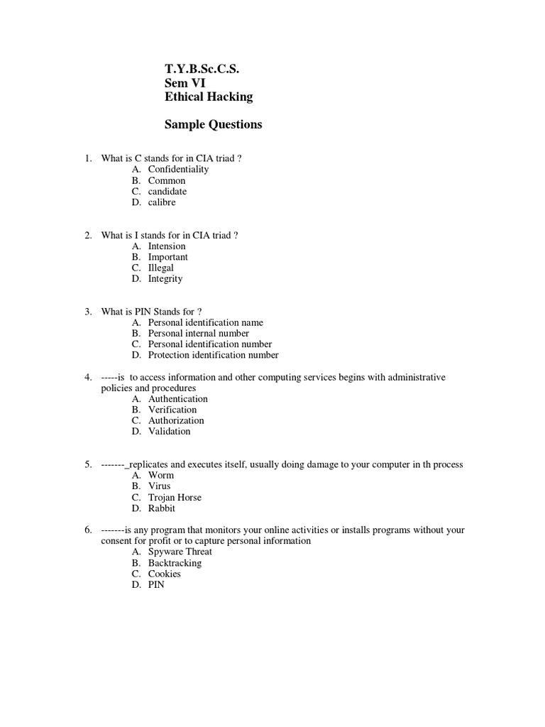 T Y B Sc C S Sem Vi Ethical Hacking Sample Quwstions Pdf Penetration Test Malware
