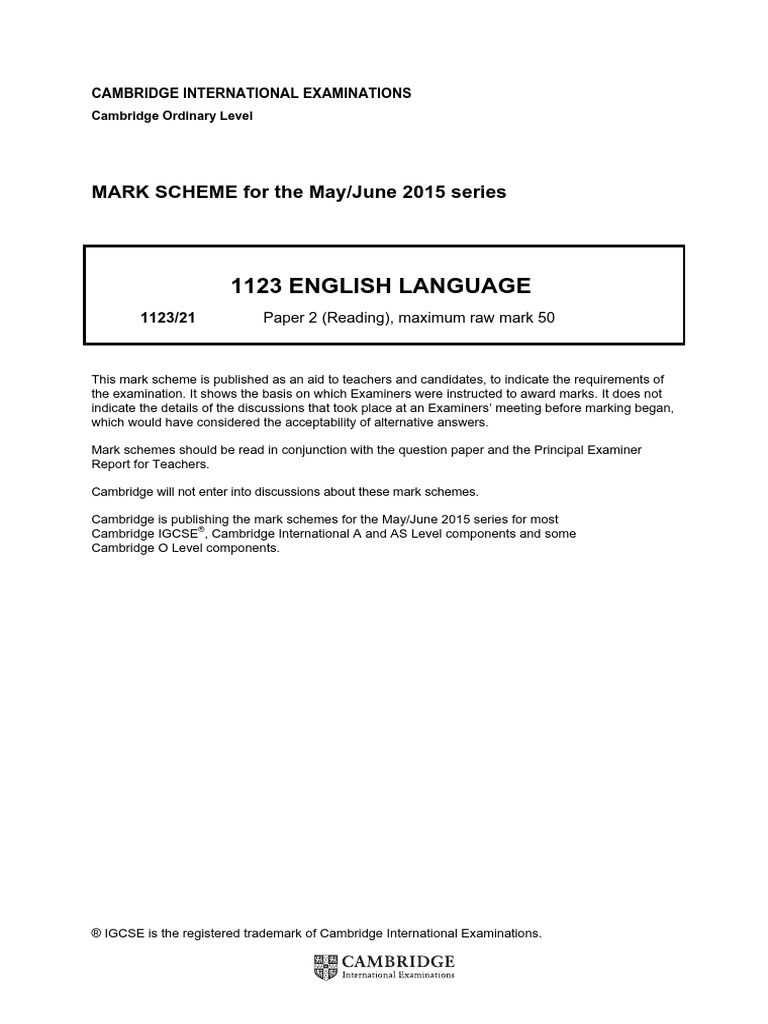 1123 English Language: MARK SCHEME For The May/June 2015 Series | PDF