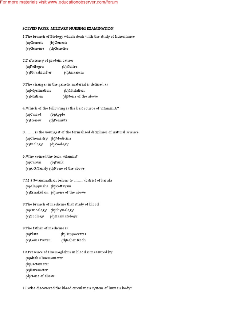 Military Nursing Examination Previous Year Solved Paper | PDF ...