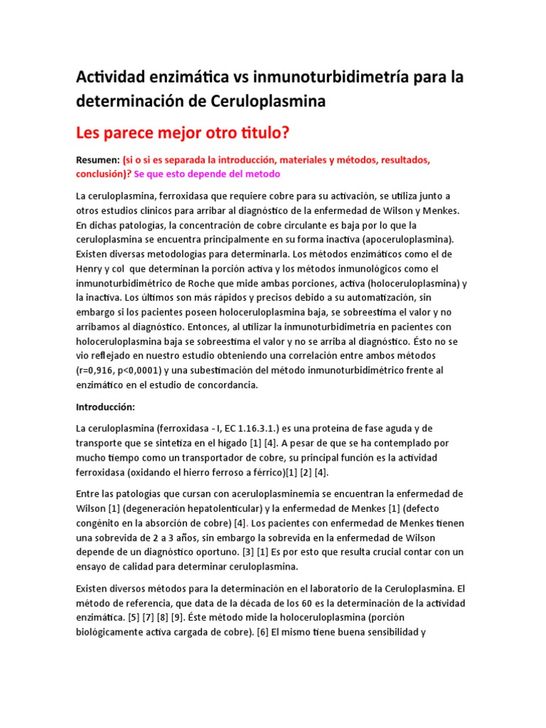 Comparacion de Metodos Ceruloplasmina | PDF