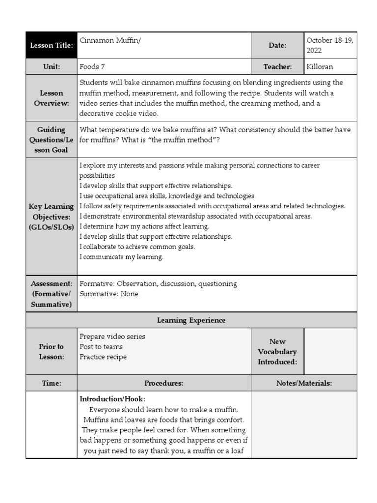 Cinnamon Muffin Lesson Plan | PDF | Muffin | Baking