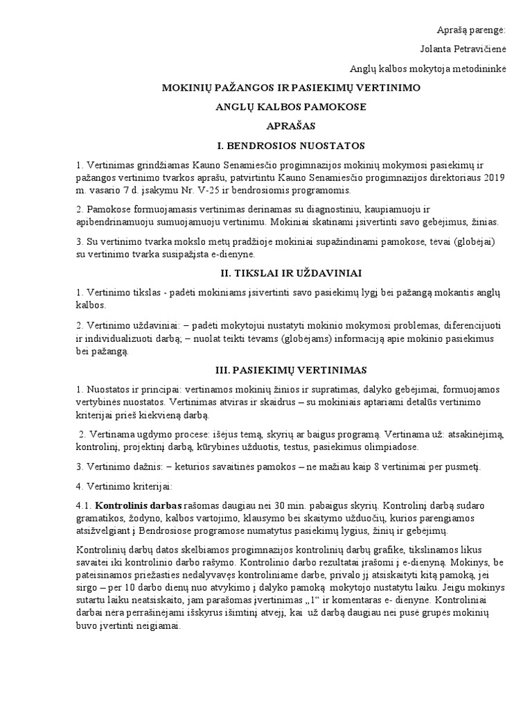 Vertinimo Kriterijai Anglu K. Pamokoje Senamiescio Progimnazija | PDF