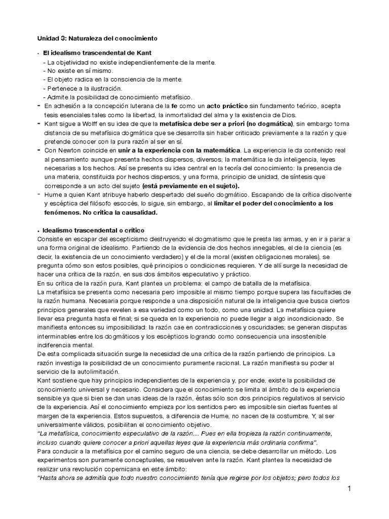 Teoria - Resumen 3 | PDF | Immanuel Kant | Conocimiento