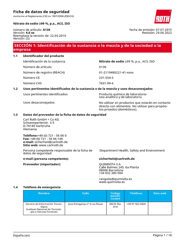 Ficha de Seguridad del Nitrato de Sodio | PDF | Residuos | Toxicidad