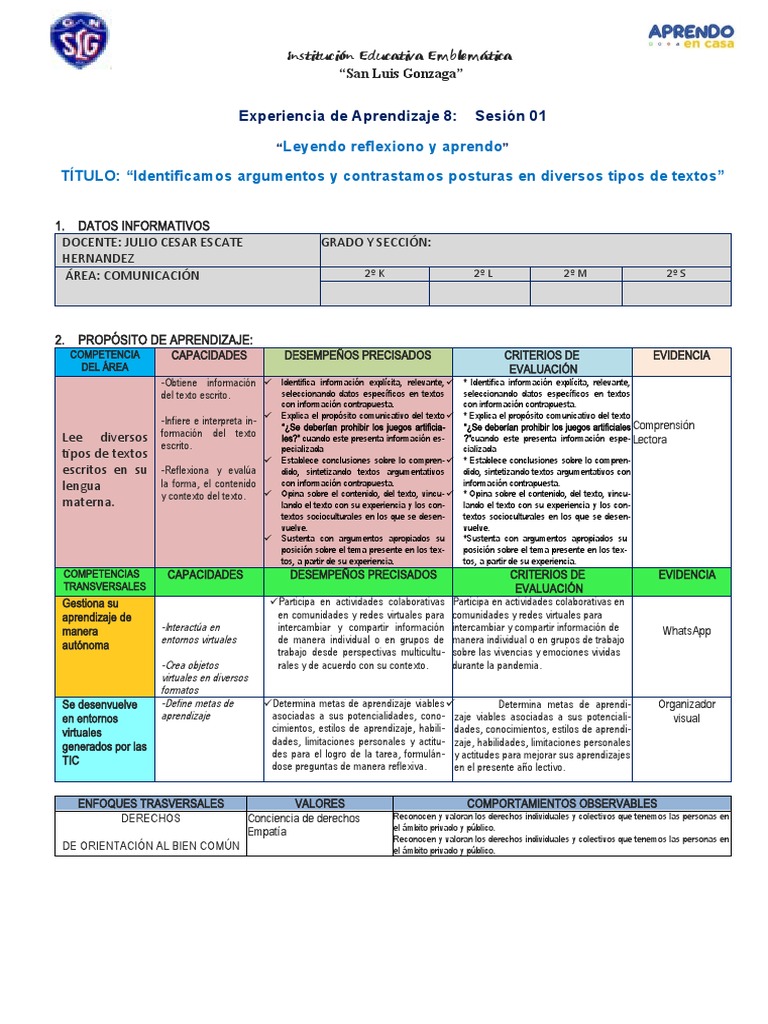 Eda 8 Sesión 1y 2 Pdf Aprendizaje Evaluación