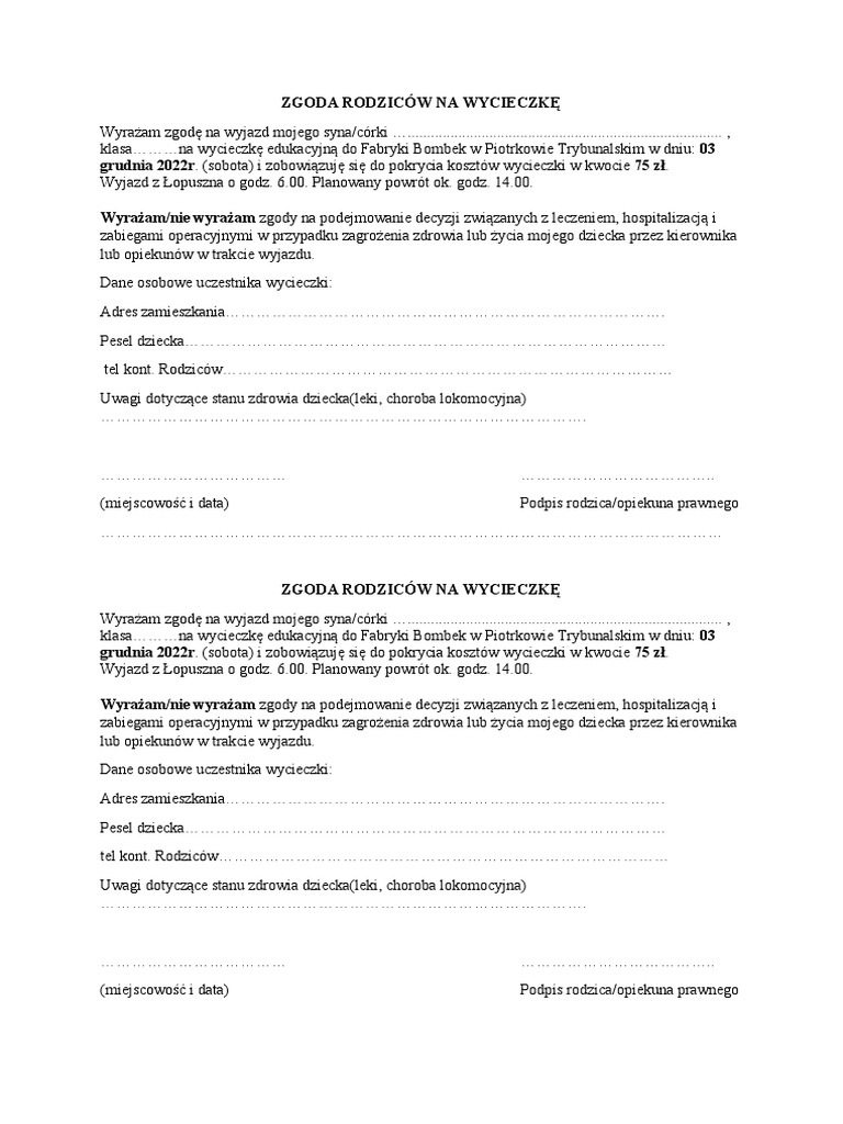 Zgoda Rodziców Na Wycieczkę | PDF