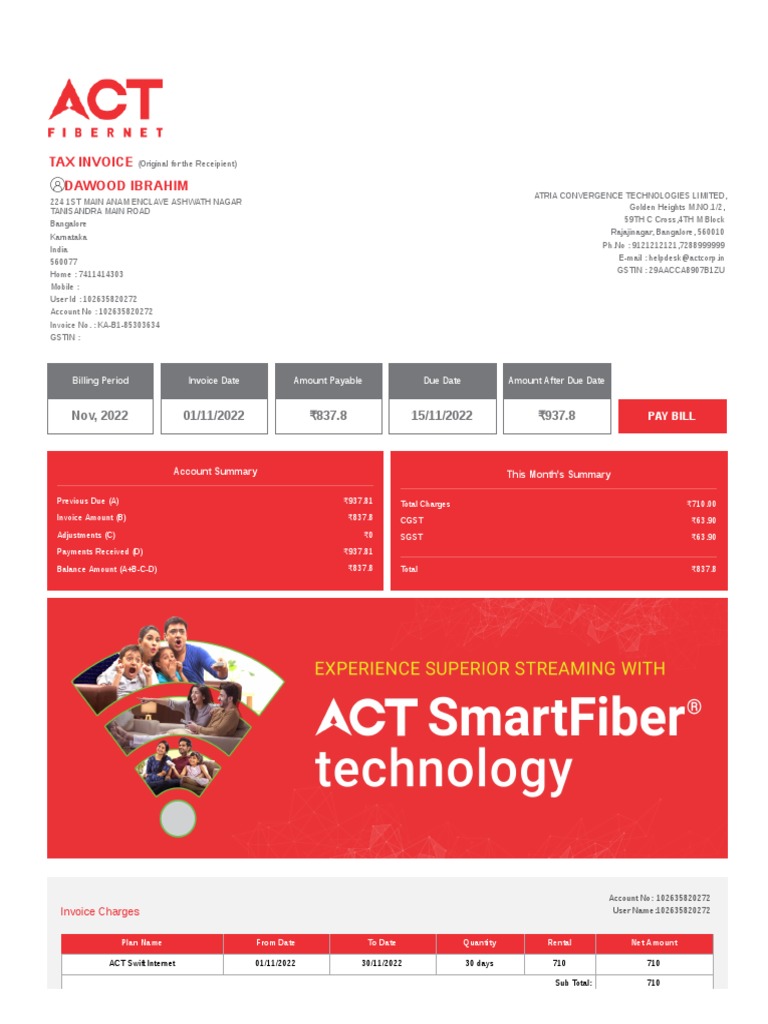 Monthly Internet Service Invoice from Atria Convergence Technologies ...