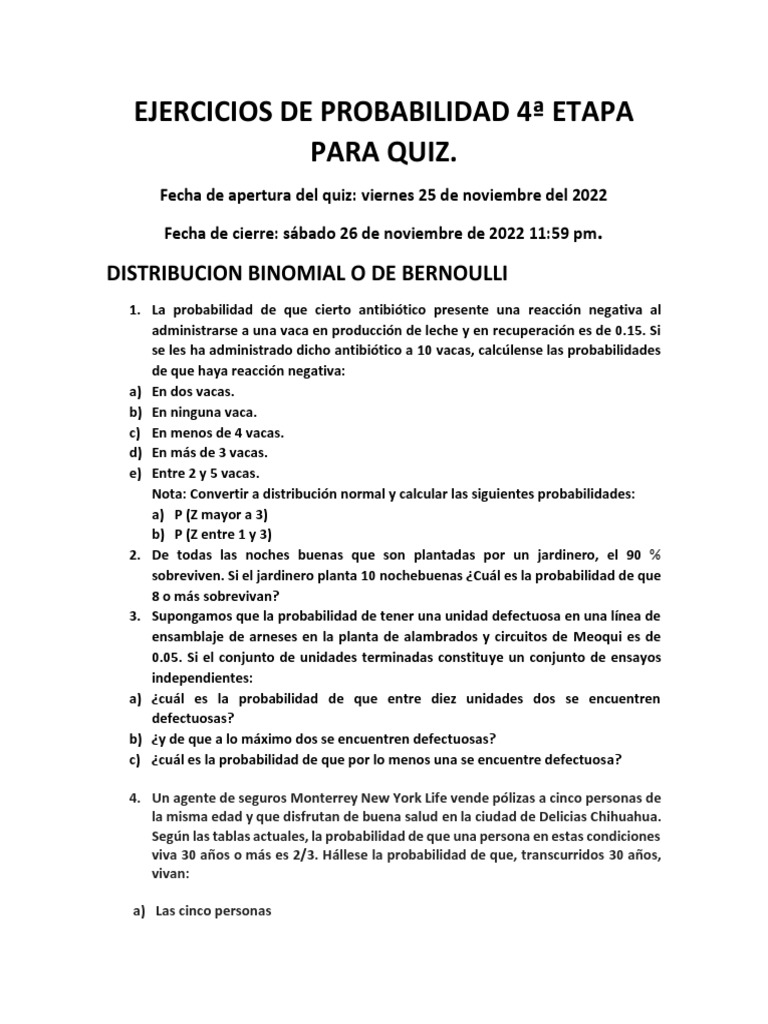 EJERCICIOS DE PROBABILIDAD 4 ETAPA PARA QUIZ - BB | PDF | Probabilidad ...