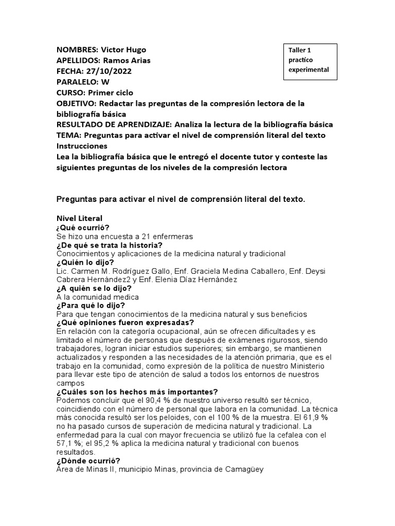 Preguntas de Comprensión Literal | PDF