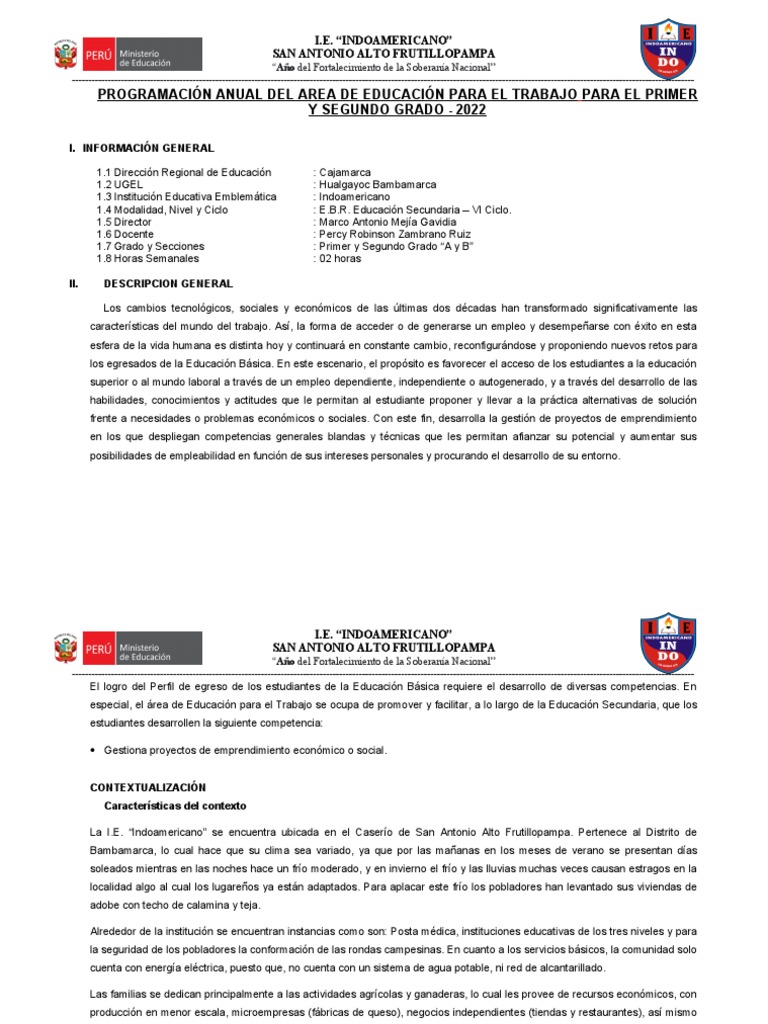 Programacion Anual EPT 1º Y 2º | PDF | Aprendizaje | Perú