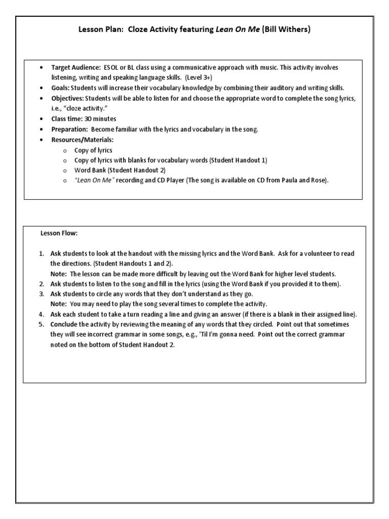 Lean On Me: ESOL Cloze Activity | PDF | Vocabulary | Cognitive Psychology
