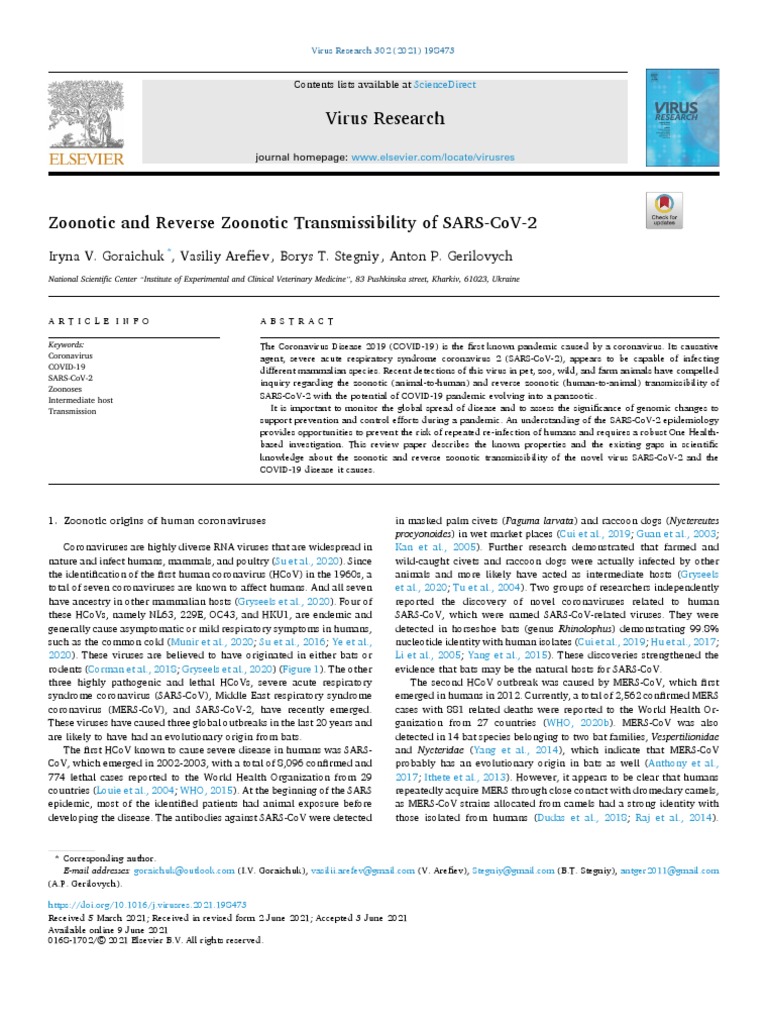 Zoonotic and Reverse Zoonotic Transmissibility of SARS Co - 2021 ...