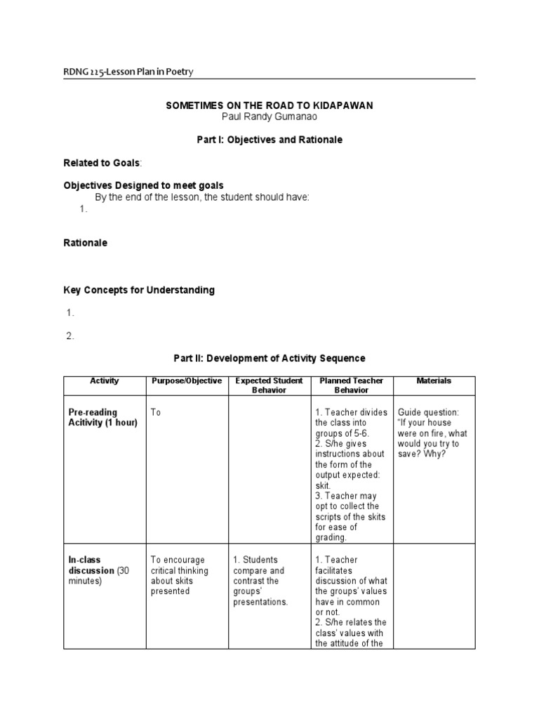 RDNG 225-Lesson Plan in Poetry | PDF