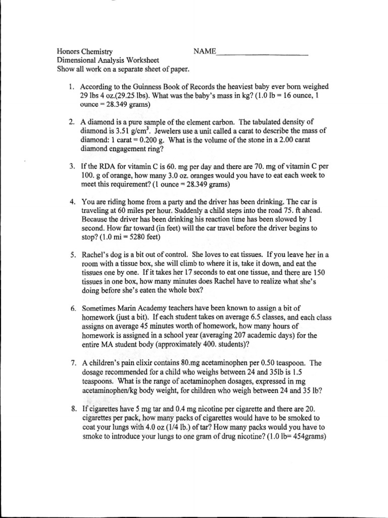 H Dimensional Analysis Worksheets 2021 | PDF