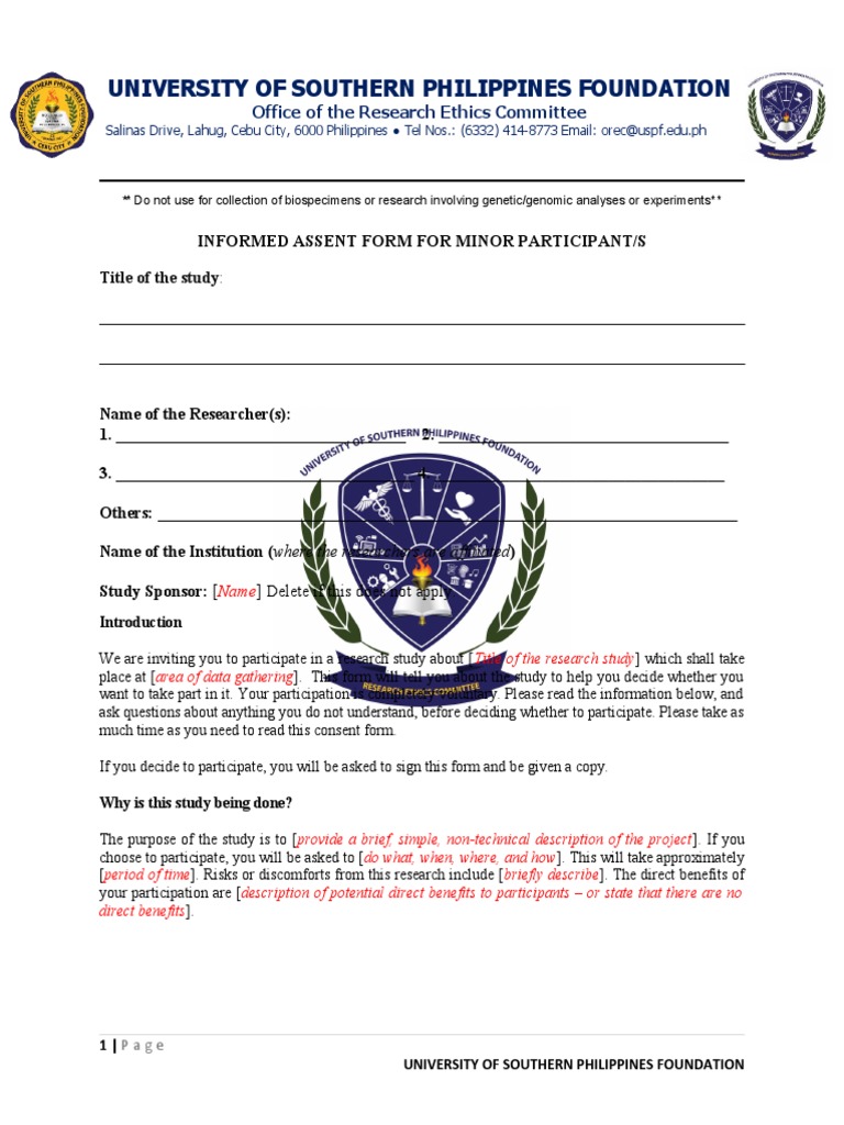 Informed Assent Form for Minors | PDF | Informed Consent | Applied Ethics