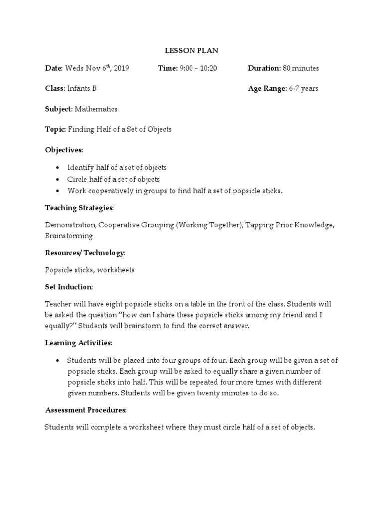 Math Lesson Plan: Finding Half for Kids | PDF | Wellness
