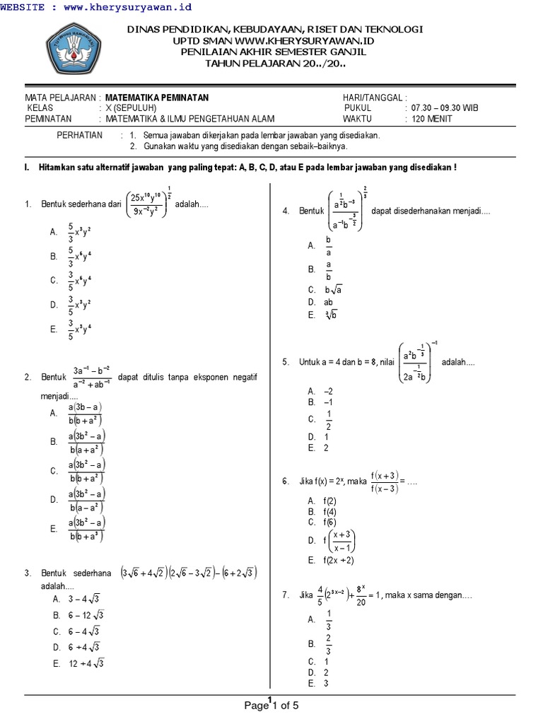SOAL PAS MTK MINAT Kelas X K13 - WWW - Kherysuryawan.id | PDF