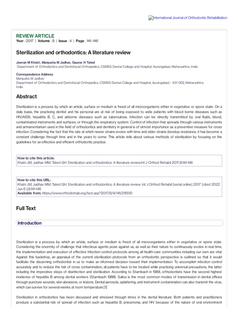 Sterilization and Orthodontics - A Literature Review - Jeevan M Khatri, Manjusha M Jadhav ...