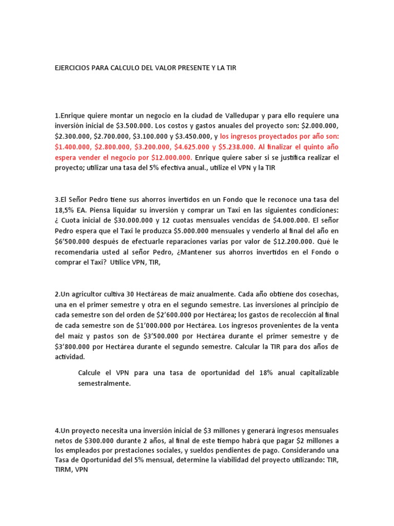 Ejercicios para Calculo Del Valor Presente y La Tir 34 | PDF | Economias
