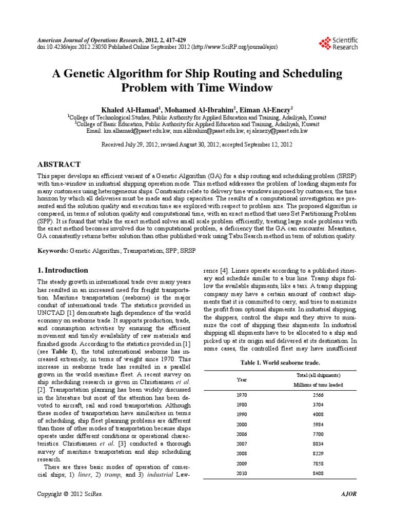 A Genetic Algorithm For Ship Routing And Schedulin Pdf