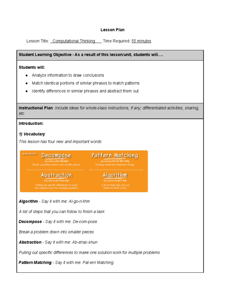 Computational Thinking Lesson Plan 1 | PDF Computational Thinking Lesson Plan 1 | PDF