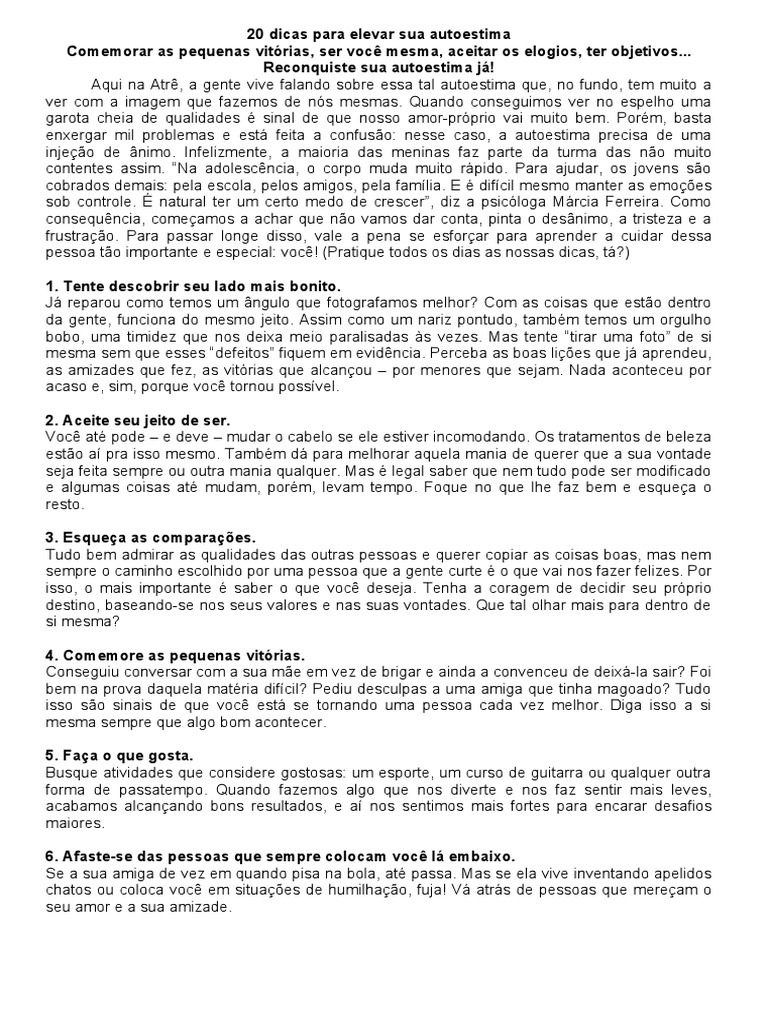 20 Dicas para Elevar Sua Autoestima | PDF