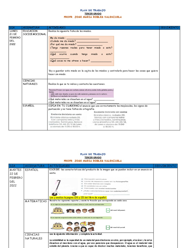 Planificación semanal de actividades académicas para tercer grado | PDF