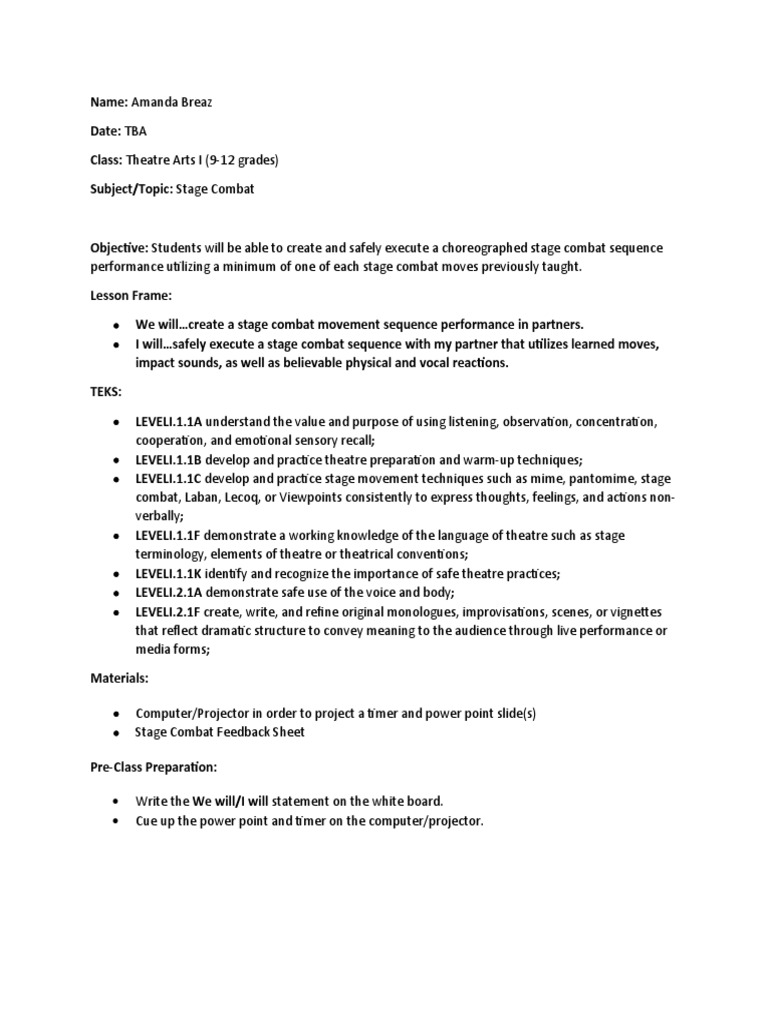 Stage Combat Lesson Plan | PDF | Cognitive Science | Cognition